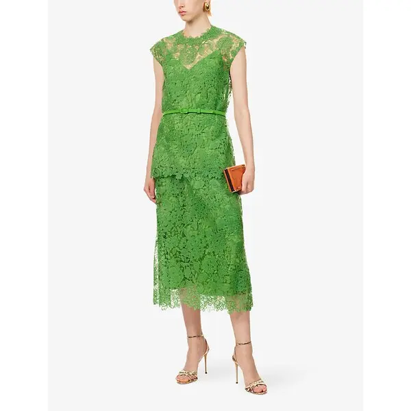 Carolina Herrera Belted Semi-sheer Floral Lace Top