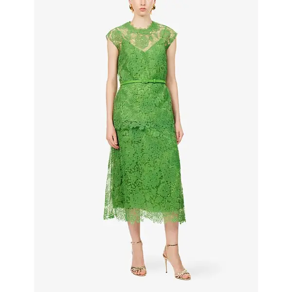 Carolina Herrera Belted Semi-sheer Floral Lace Top