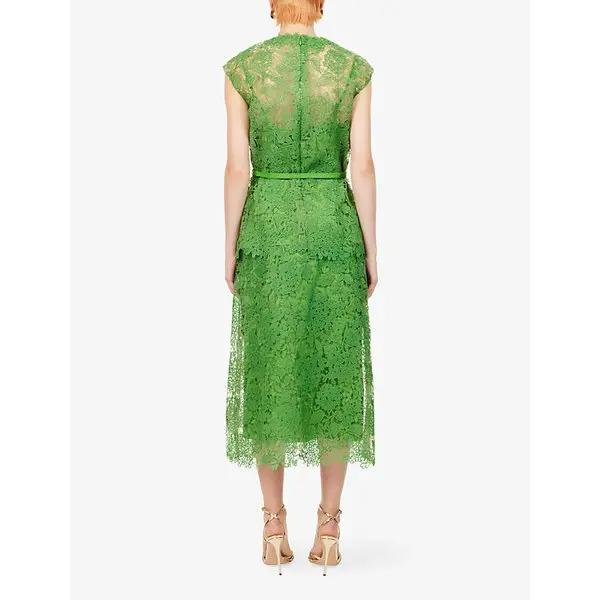 Carolina Herrera Belted Semi-sheer Floral Lace Top