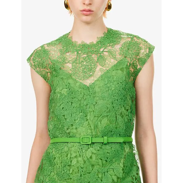 Carolina Herrera Belted Semi-sheer Floral Lace Top