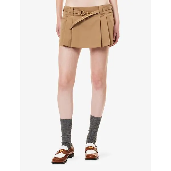 Miu Miu Logo-embroidered Pleated Cotton Mini Skirt