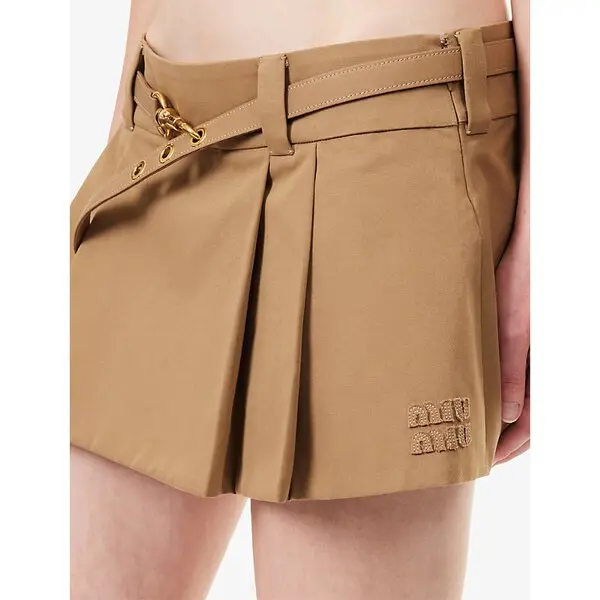 Miu Miu Logo-embroidered Pleated Cotton Mini Skirt