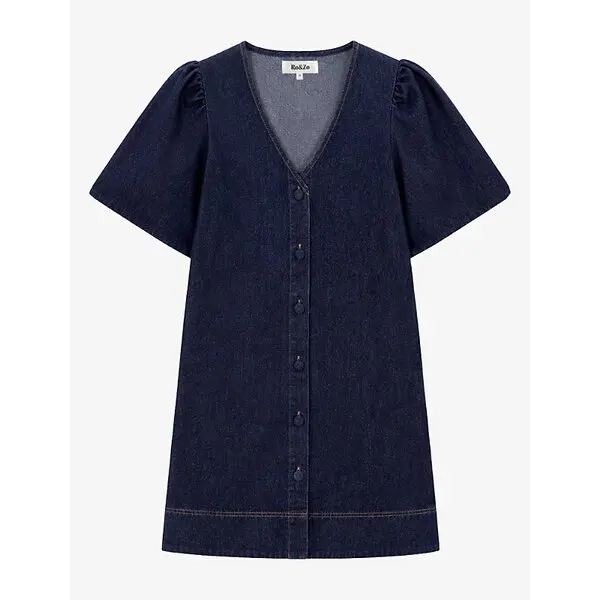 RO&ZO Button-front V-neck Denim Mini Dress