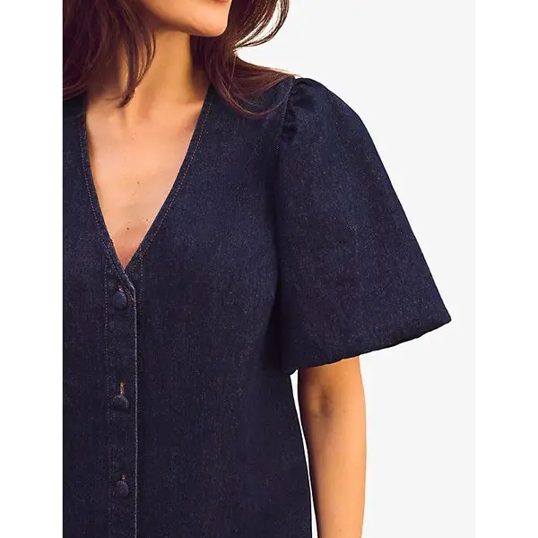 RO&ZO Button-front V-neck Denim Mini Dress