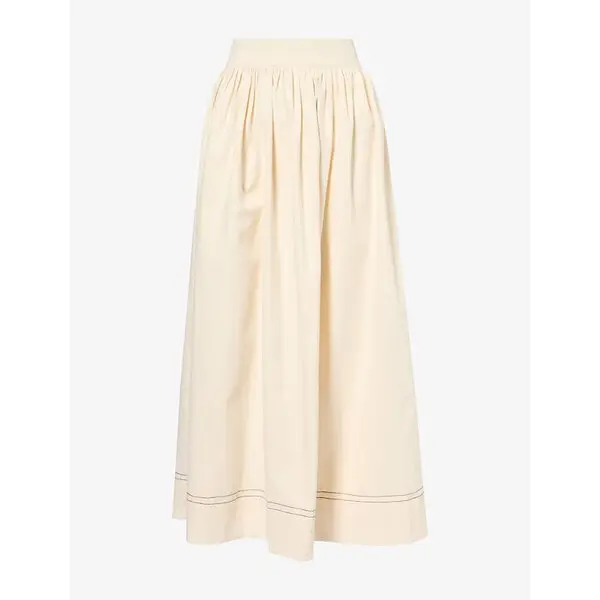Mona Alshebil Contrast Stitch Pleated Denim Maxi Skirt