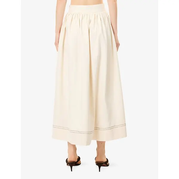 Mona Alshebil Contrast Stitch Pleated Denim Maxi Skirt