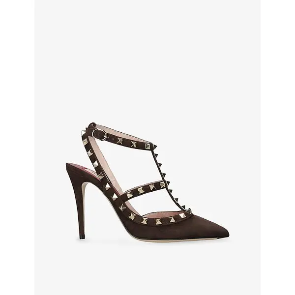 Valentino Garavani Rockstud 100 T-bar Suede Heeled Sandals - Dark Brown