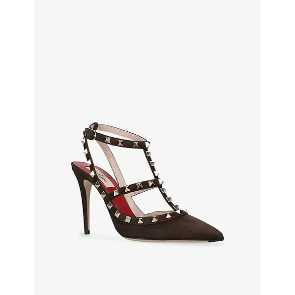 Valentino Garavani Rockstud 100 T-bar Suede Heeled Sandals - Dark Brown