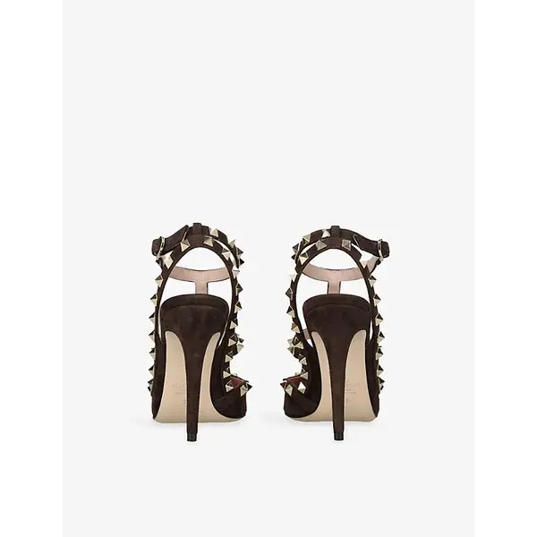 Valentino Garavani Rockstud 100 T-bar Suede Heeled Sandals - Dark Brown