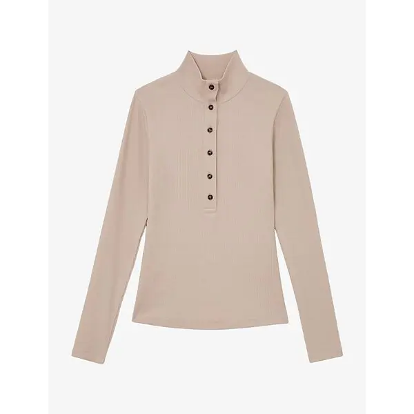 REISS Ida Funnel-neck Ribbed Top - Neutral