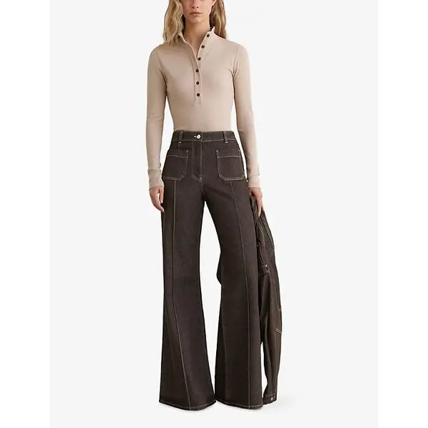 REISS Ida Funnel-neck Ribbed Top - Neutral