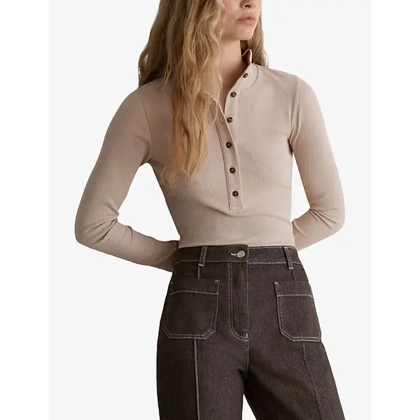 REISS Ida Funnel-neck Ribbed Top - Neutral
