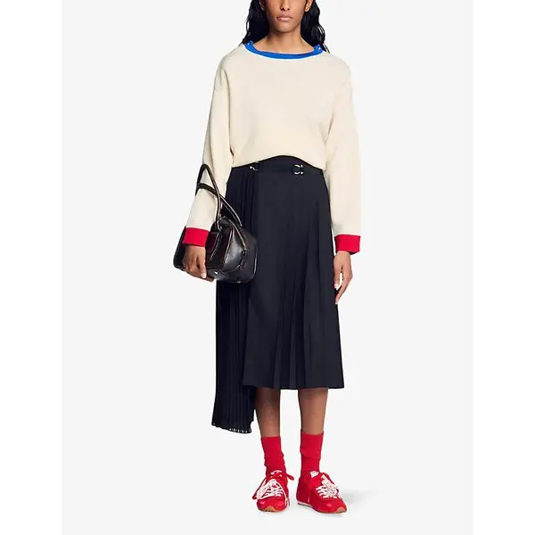 Sandro Pleated Asymmetric Woven Midi Skirt