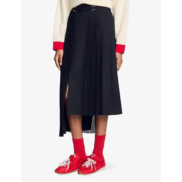 Sandro Pleated Asymmetric Woven Midi Skirt
