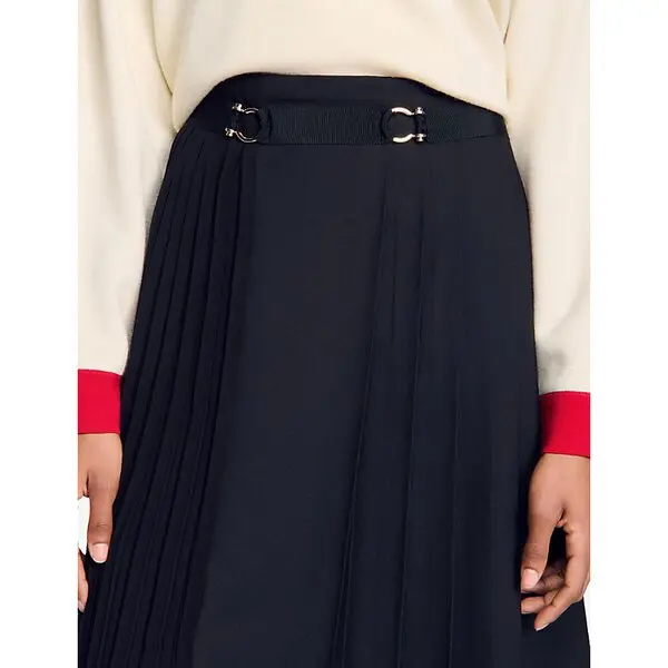Sandro Pleated Asymmetric Woven Midi Skirt