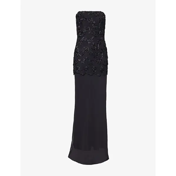 ROTATE BY BIRGER CHRISTENSEN Flower-embroidered Strapless Mesh Maxi Dress - Black