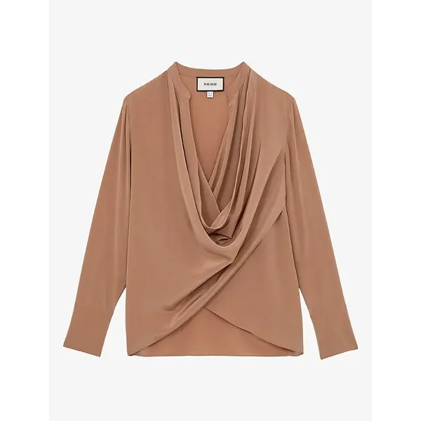 REISS Lauren Notch-neck Draped Silk Shirt - Camel
