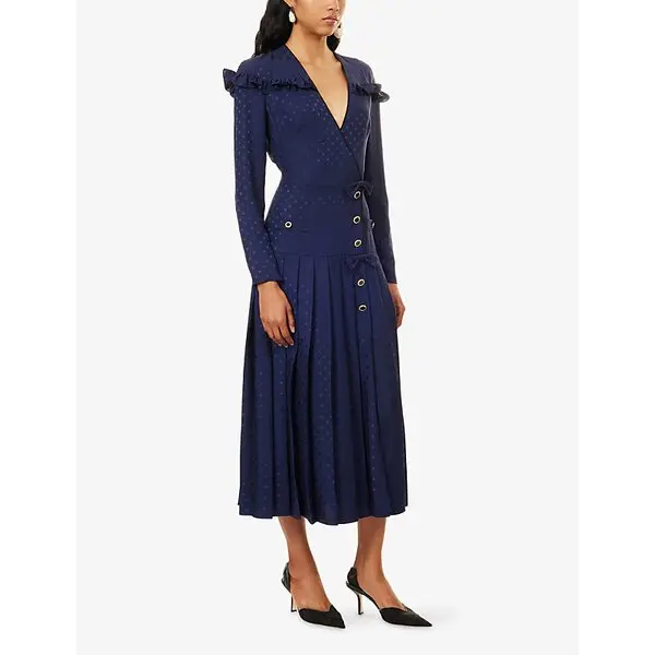 Alessandra Rich Pleated Star Jacquard Silk Midi Dress