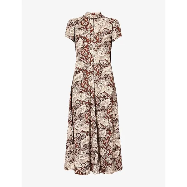 ME+EM Botanical Print Stretch-jersey Midi Dress - Brown Multi