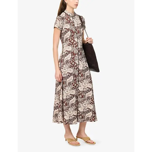 ME+EM Botanical Print Stretch-jersey Midi Dress - Brown Multi