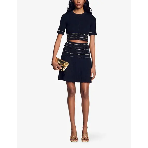 Sandro Cropped Bead-embellished Knitted Cardigan - Black