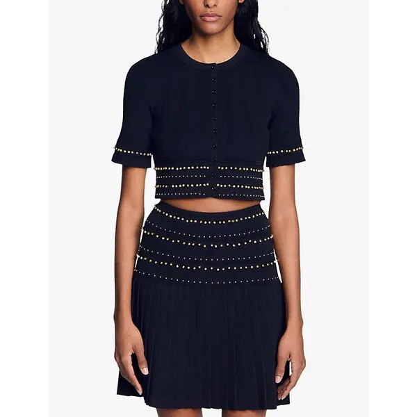 Sandro Cropped Bead-embellished Knitted Cardigan - Black