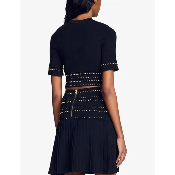 Sandro Cropped Bead-embellished Knitted Cardigan - Black