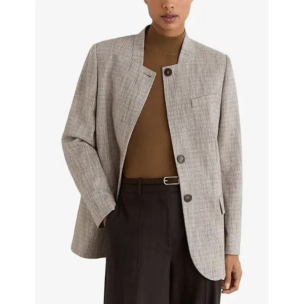 REISS Gia Collarless Checked Stretch Wool-blend Jacket