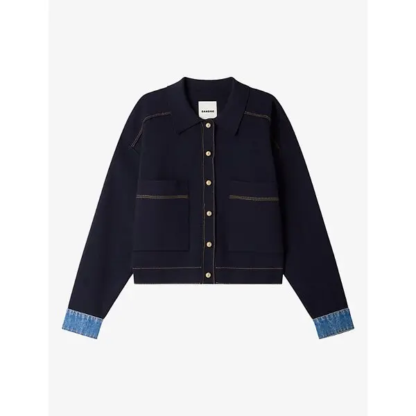 Sandro Collared Knitted Jacket-style Cardigan With Denim Cuffs