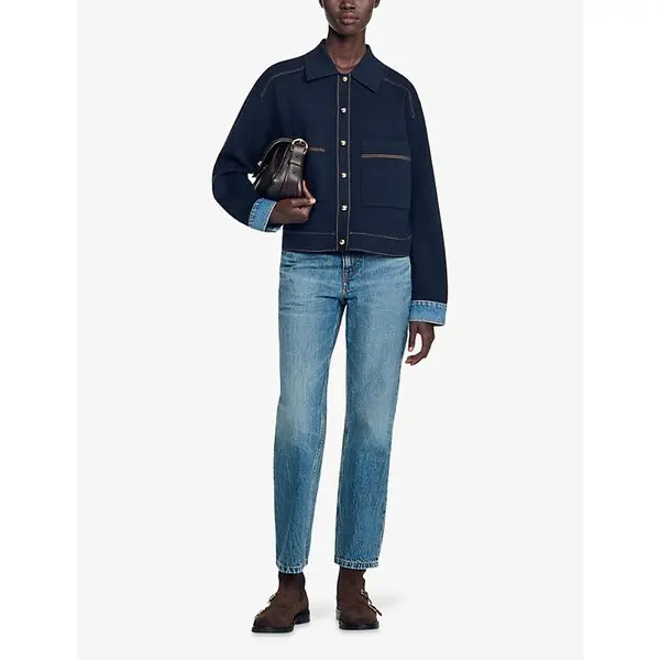 Sandro Collared Knitted Jacket-style Cardigan With Denim Cuffs