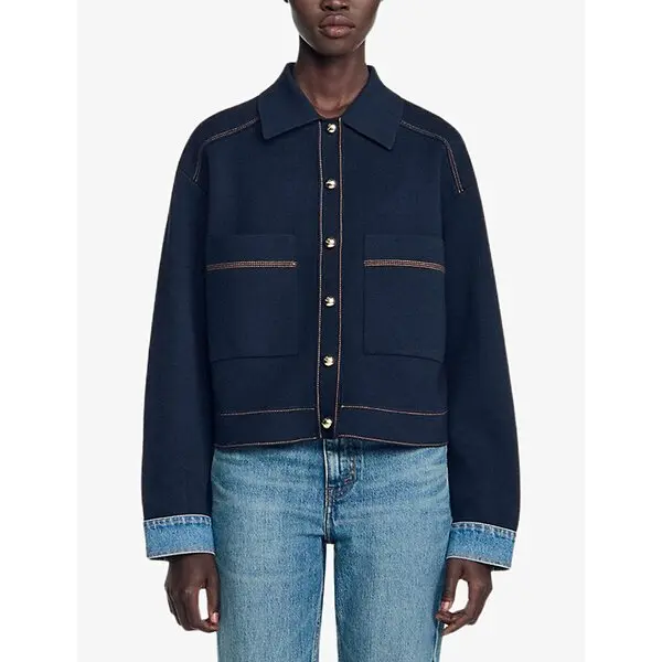 Sandro Collared Knitted Jacket-style Cardigan With Denim Cuffs