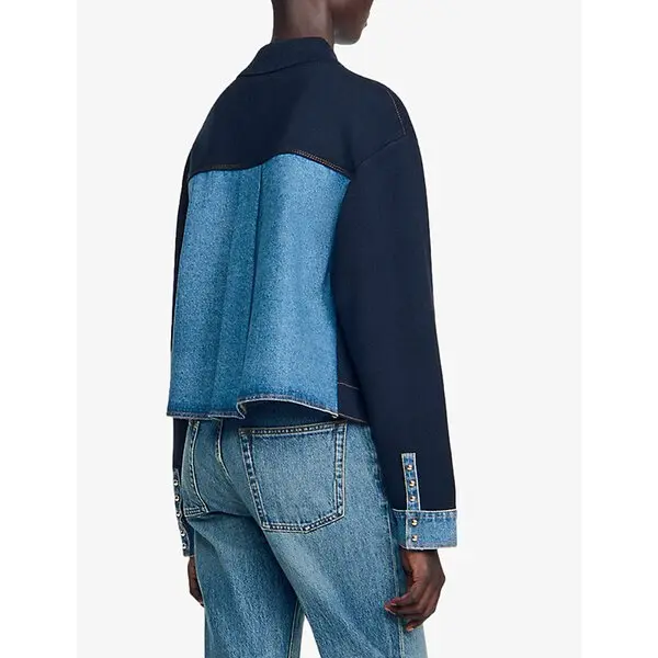 Sandro Collared Knitted Jacket-style Cardigan With Denim Cuffs