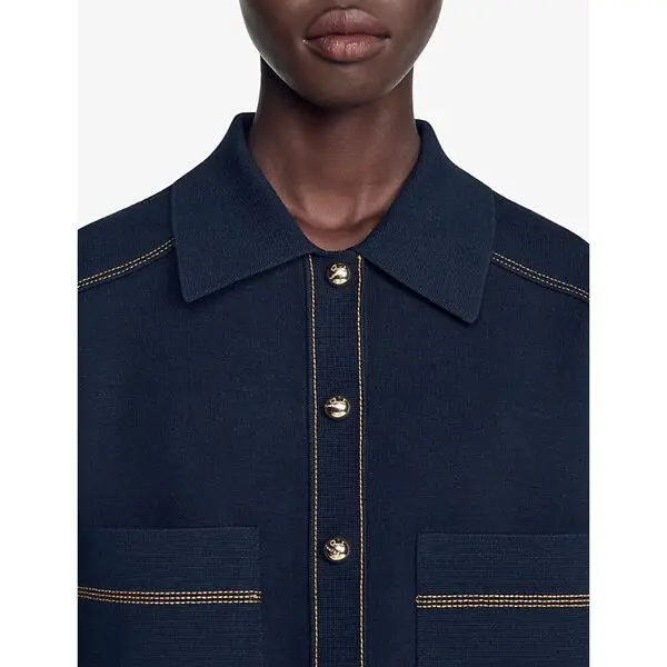 Sandro Collared Knitted Jacket-style Cardigan With Denim Cuffs