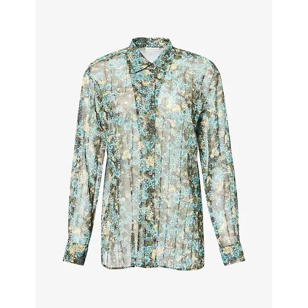 Dries Van Noten Floral-print Pleated Woven Shirt - Sky