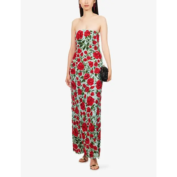 LA FUORI Strapless Embellished Floral Maxi Dress