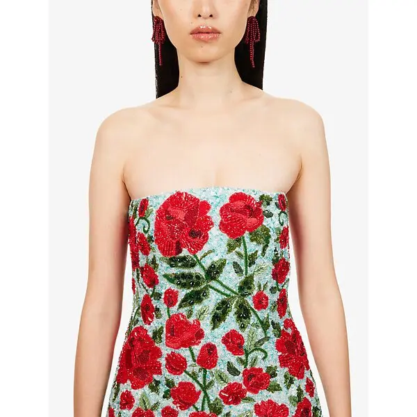 LA FUORI Strapless Embellished Floral Maxi Dress