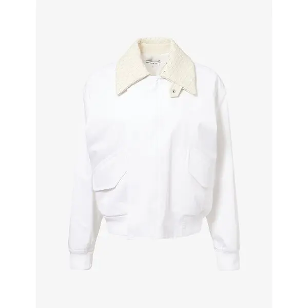 Bottega Veneta Cotton Bomber Jacket With Intrecciato Leather Collar