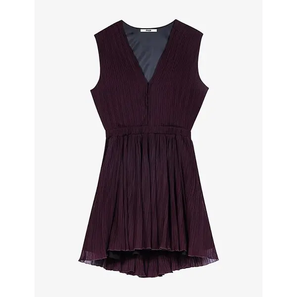 Maje Pleated V-neck Mini Dress - Eggplant