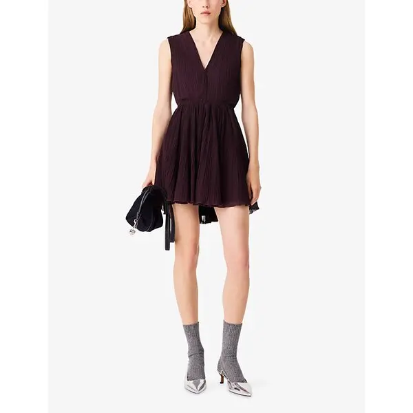 Maje Pleated V-neck Mini Dress - Eggplant