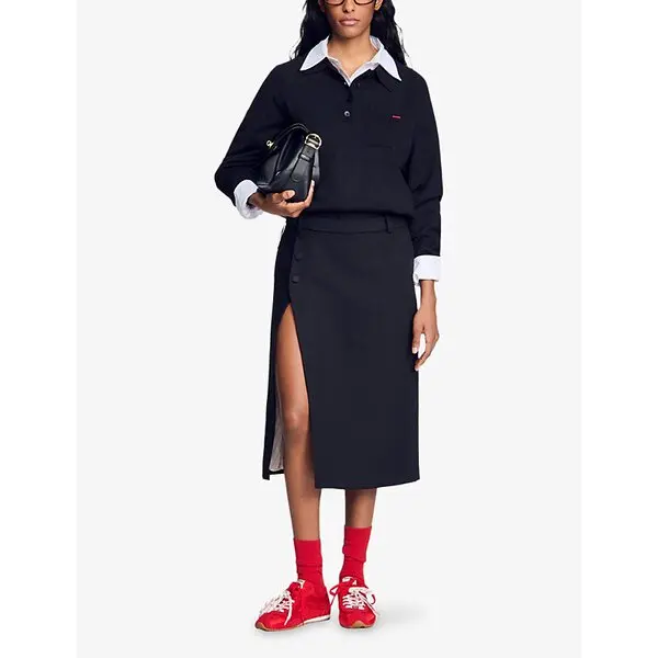 Sandro Mid-rise Split-hem Wool Midi Skirt