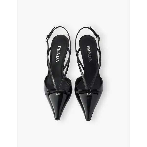 Prada Brushed Leather Slingback High Heel Court Shoes With Bow Detailing - Black