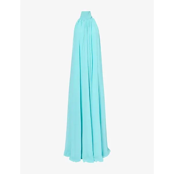 DE LA VALI High-neck Tulle Maxi Dress