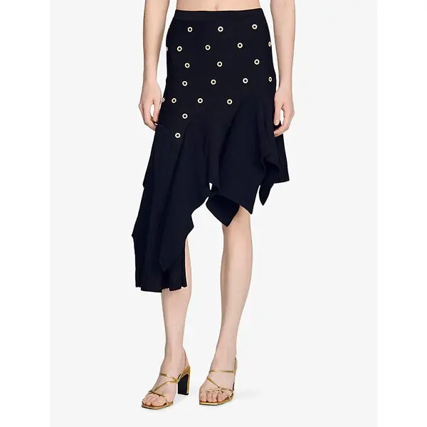 Sandro Asymmetric Studded Knitted Mini Skirt
