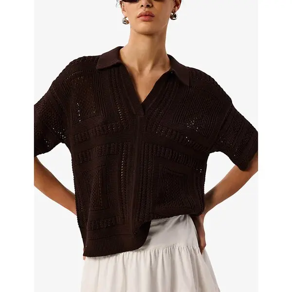 Whistles Short-sleeved Crochet Polo Shirt - Brown