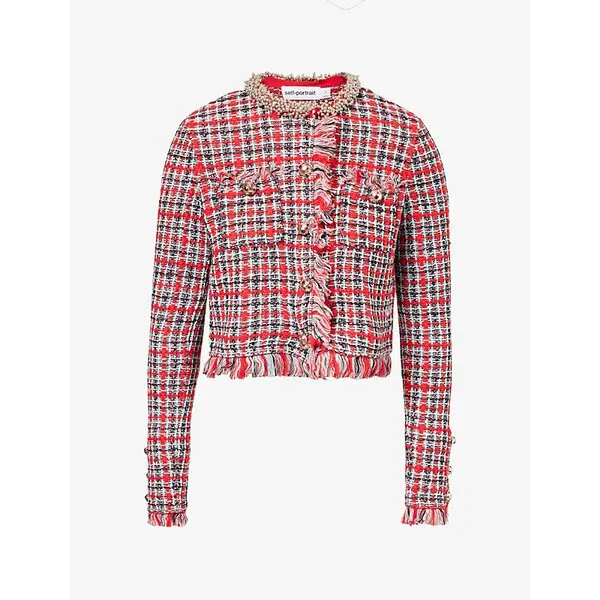 SELF-PORTRAIT Cropped Check Frayed Jacket