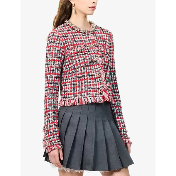 SELF-PORTRAIT Cropped Check Frayed Jacket