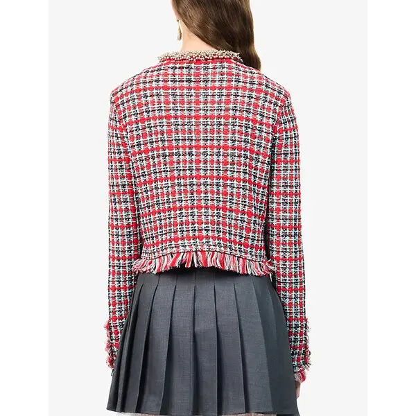 SELF-PORTRAIT Cropped Check Frayed Jacket