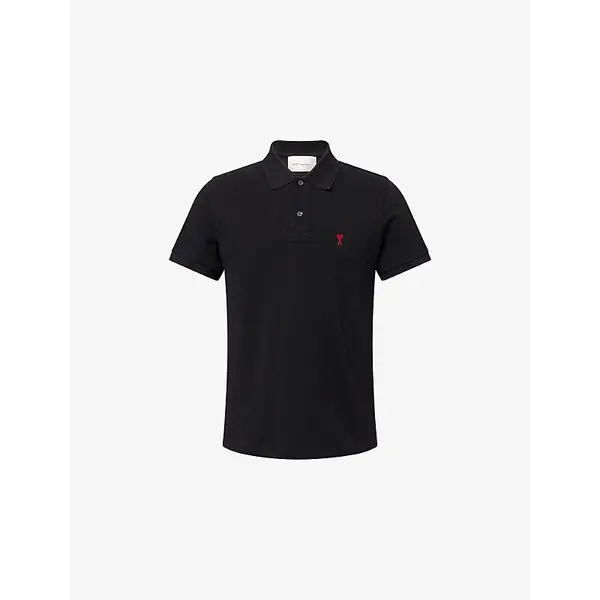 AMI Paris Logo-embroidered Cotton Polo T-shirt - Noir