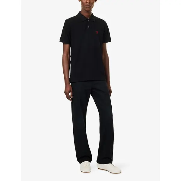 AMI Paris Logo-embroidered Cotton Polo T-shirt - Noir