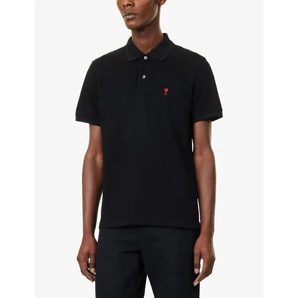 AMI Paris Logo-embroidered Cotton Polo T-shirt - Noir